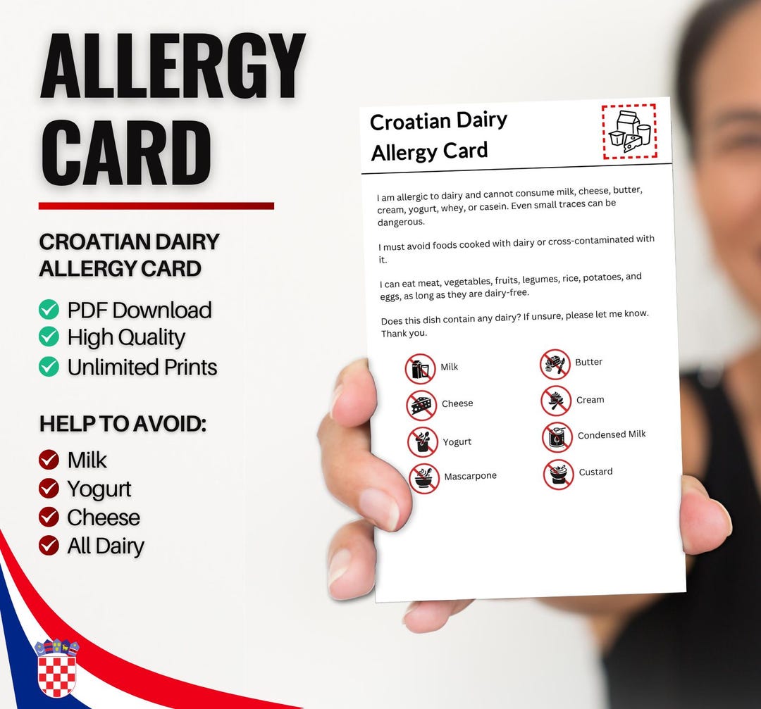 Croatian Dairy Allergy Card for Travel and Restaurants | Milk & Dairy ...