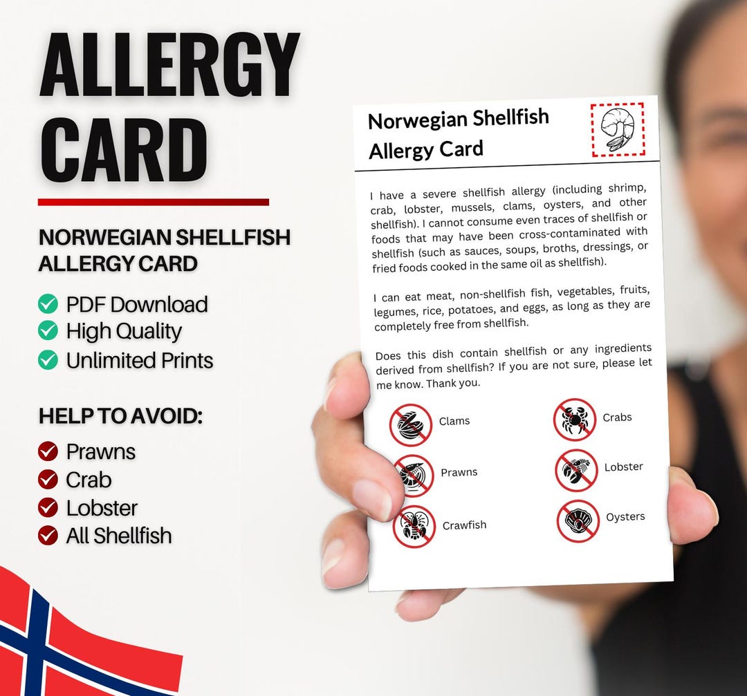 Norwegian Shellfish Allergy Card for Travel and Restaurants | Shrimp ...