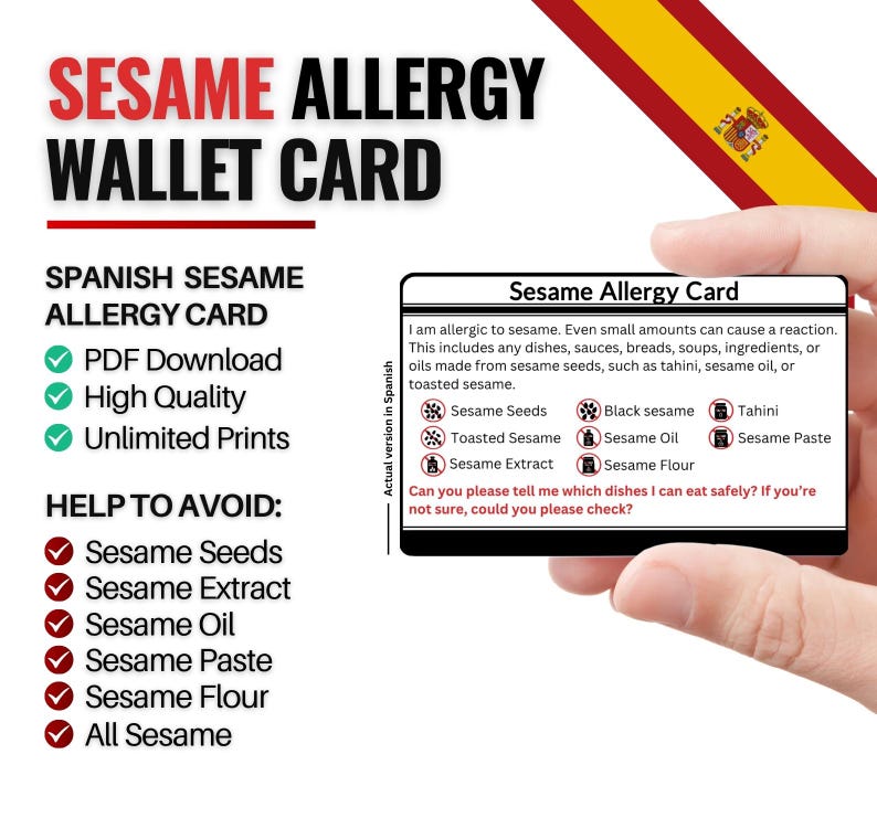 Sesame Allergy Travel Card in Spanish | Sesame Allergy Card for ...