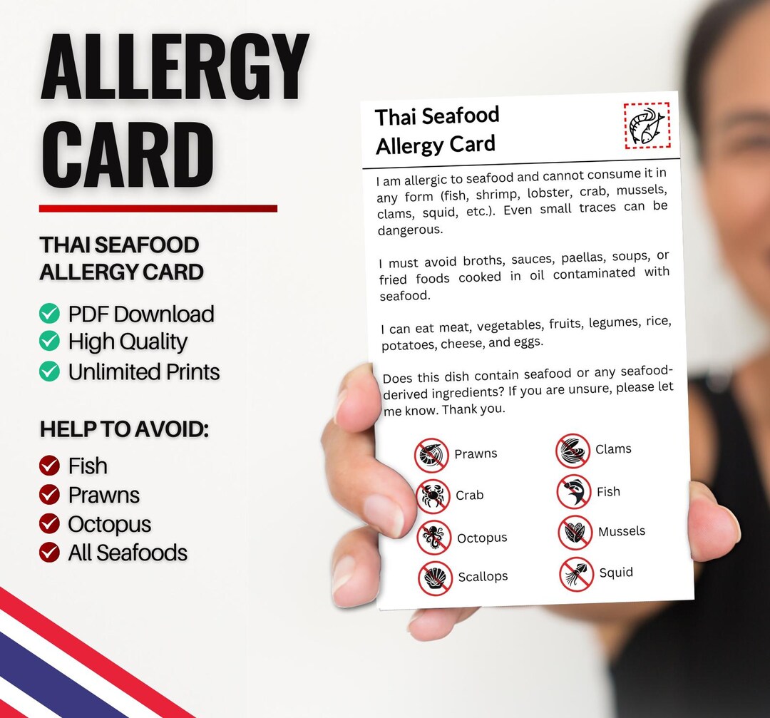 Thai Seafood Allergy Card | Restaurant Card for Seafood Allergy ...