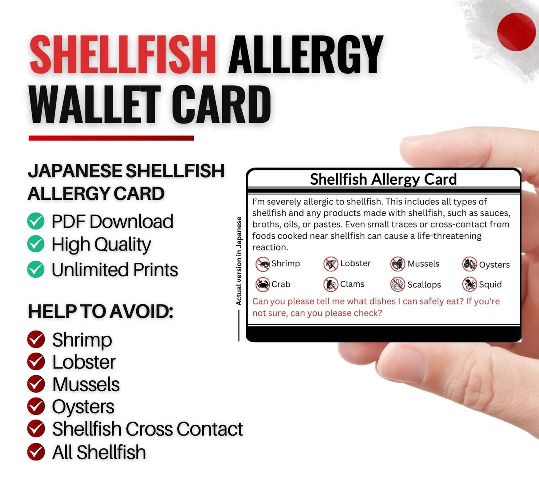 Shellfish Allergy Travel Card in Japanese | Shellfish Allergy Card for ...