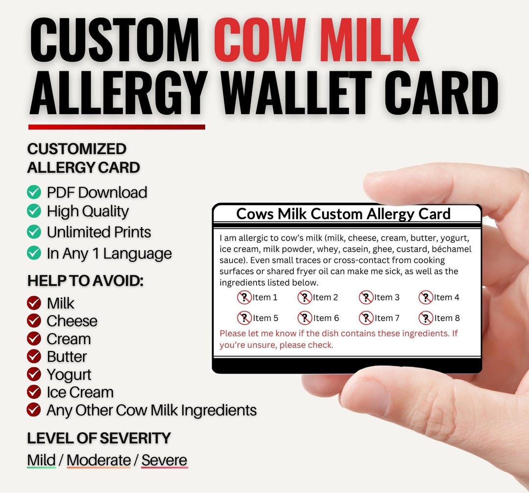Wallet-size Custom Cow’s Milk Card for Travel | Dairy Allergy, Lactose ...