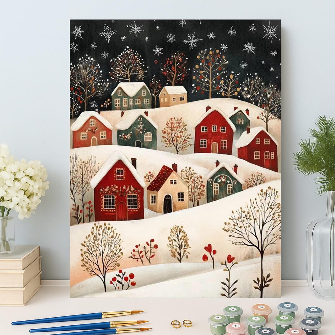 Winter Village Paint by Numbers Kit: Cozy Snowy Houses Art, DIY ...
