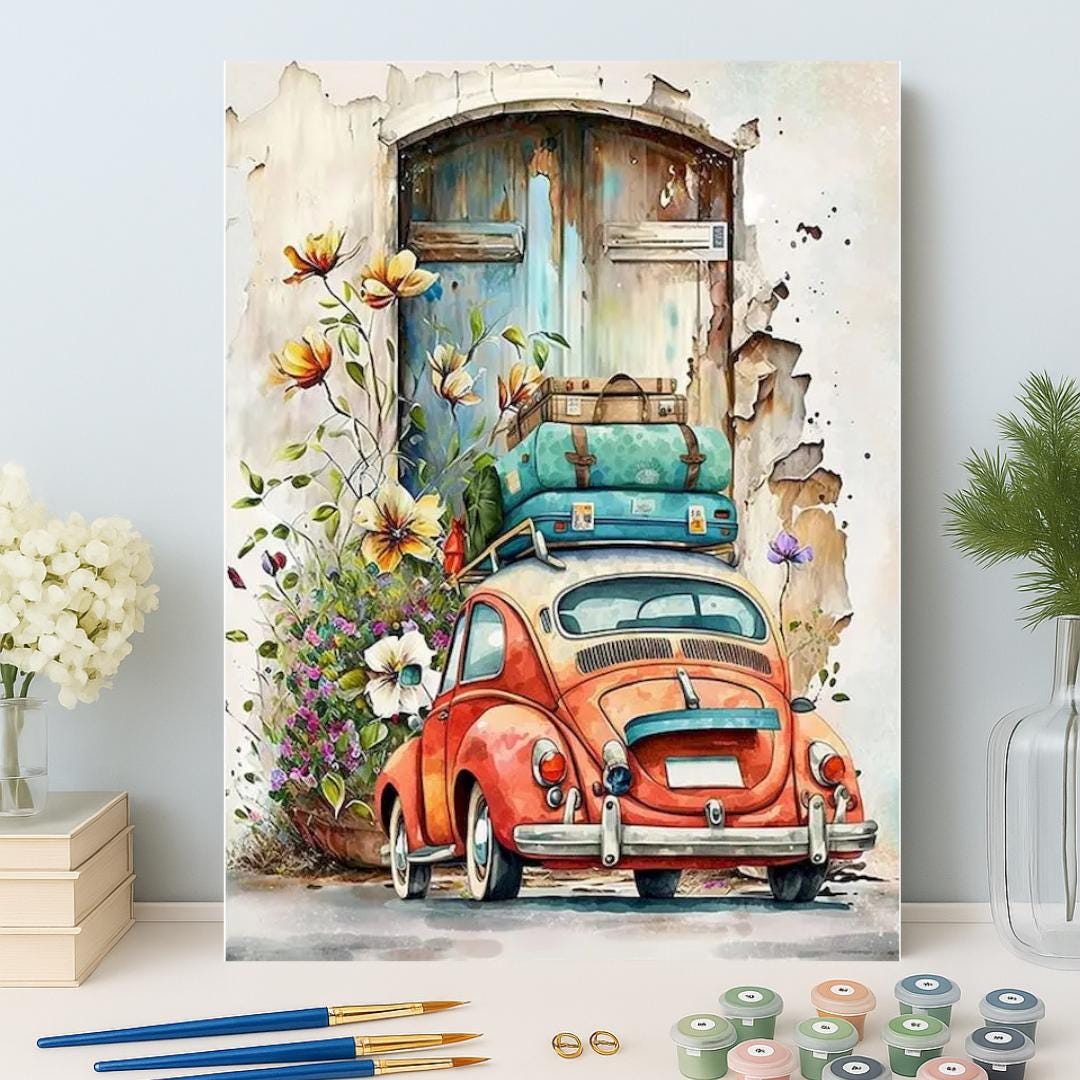 Retro Car Paint by Numbers Kit: Vintage Travel Scene DIY Acrylic Art - Etsy