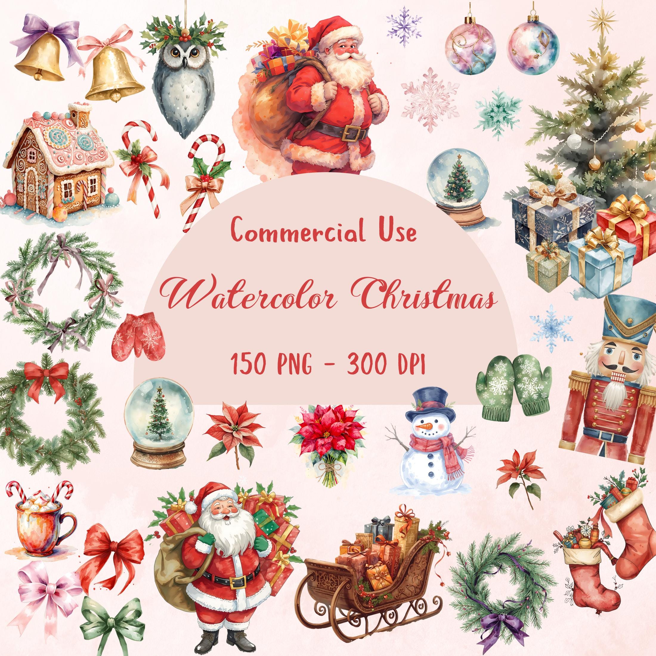 Watercolor Christmas Clipart Set 150 PNG | Holiday Elements Bundle ...
