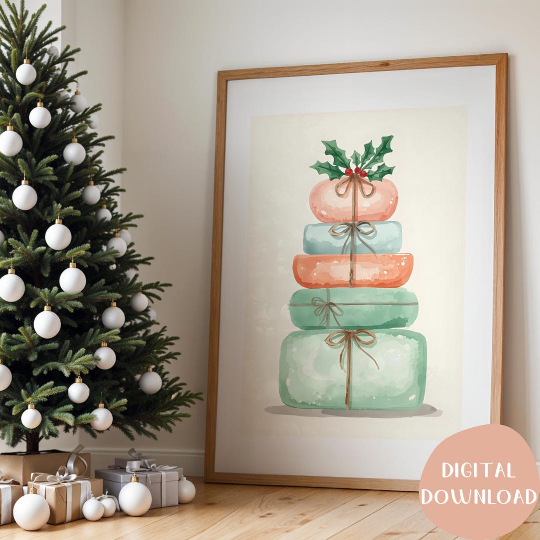 Christmas Gift Stack Printable Wall Art | Cozy Festive Holiday Decor ...