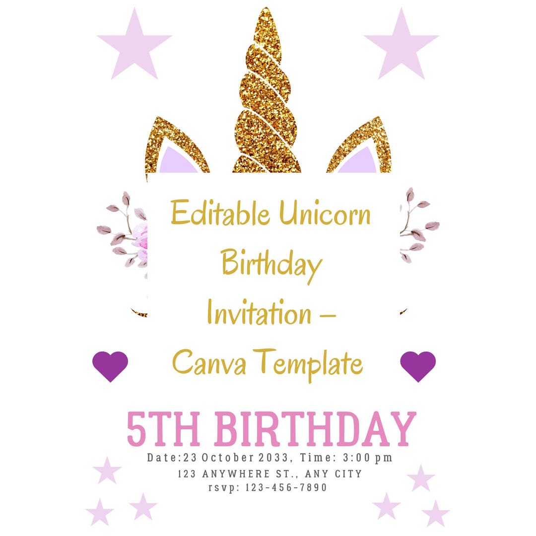 Editable Unicorn Birthday Invitation – Canva Template (instant Download ...