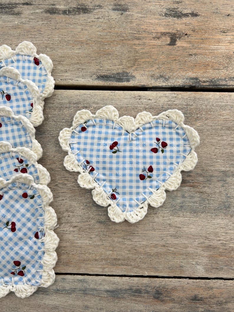 Adorable Cottagecore Handmade Heart Shaped Printed Crochet Edge Coasters in a 6 Pack! 5 ...