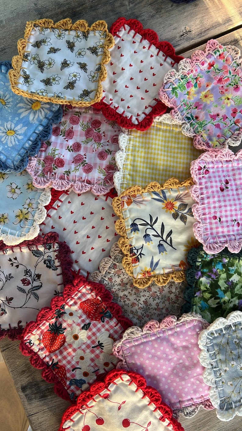 Mix and Match Crochet Edge Coasters in All Different Colours and Cute Prints! Cottagecore ...