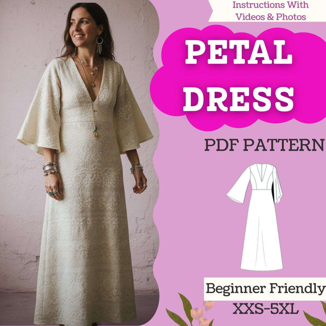 Boho Maxi Dress Sewing Pattern (plunge V-neck, Flared Sleeves, A-line ...