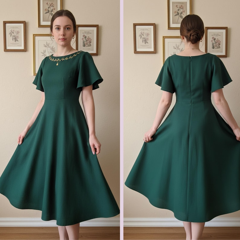Flutter Sleeve Midi Dress Sewing Pattern: Women’s Boat Neck Fit & Flare ...