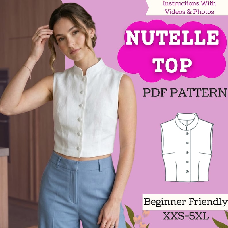 Women’s Cropped Fitted Mandarin Collar Top PDF Sewing Pattern, Button ...
