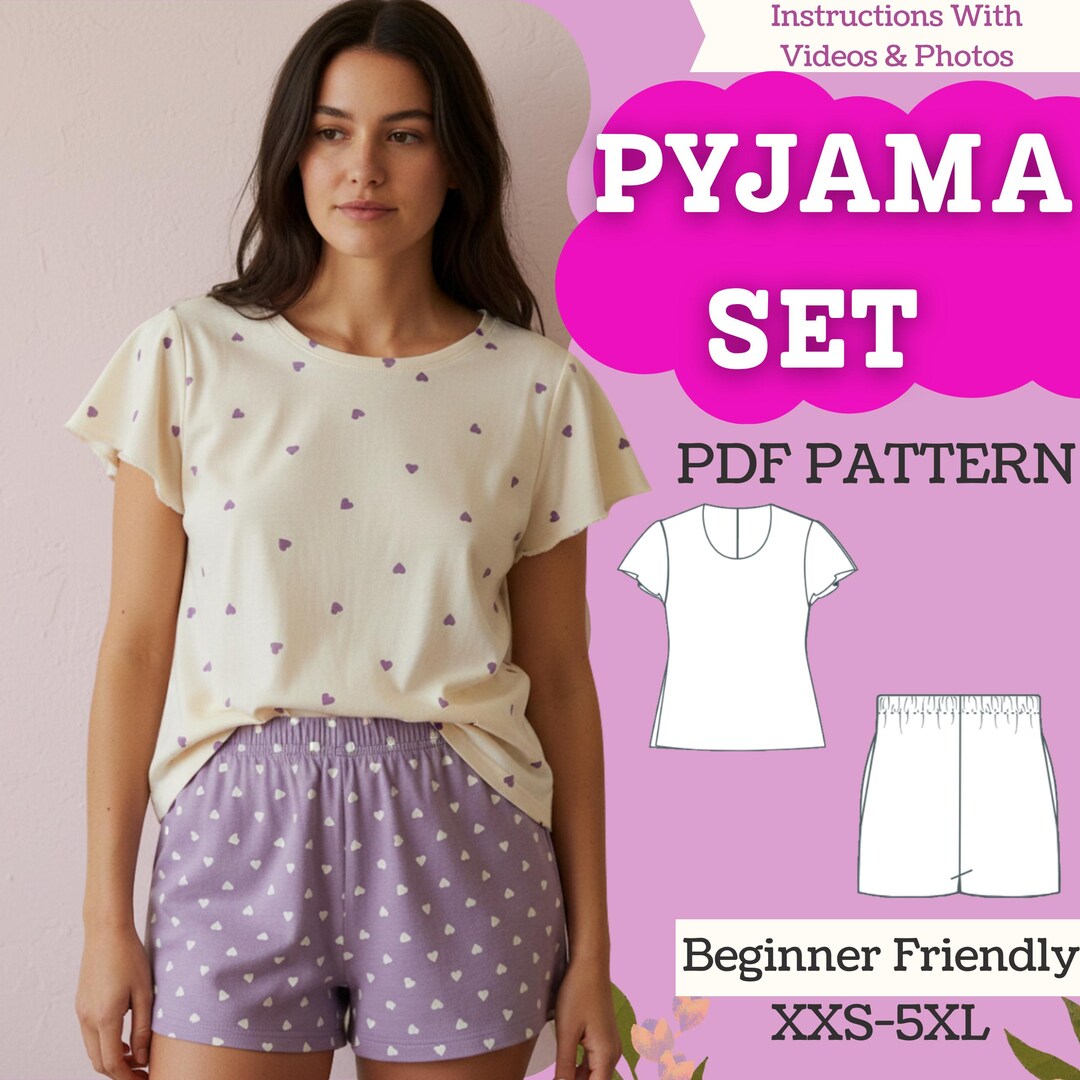 Pajama Set Sewing Pattern (PDF) – Women’s Flutter-sleeve Top & Elastic ...