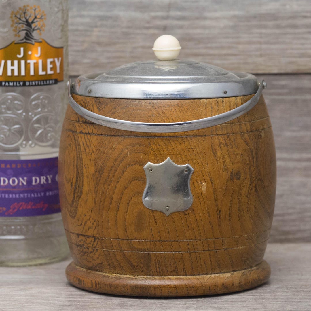Vintage Ice Bucket, Wooden Barrel Design With Shield, Circa Early to ...