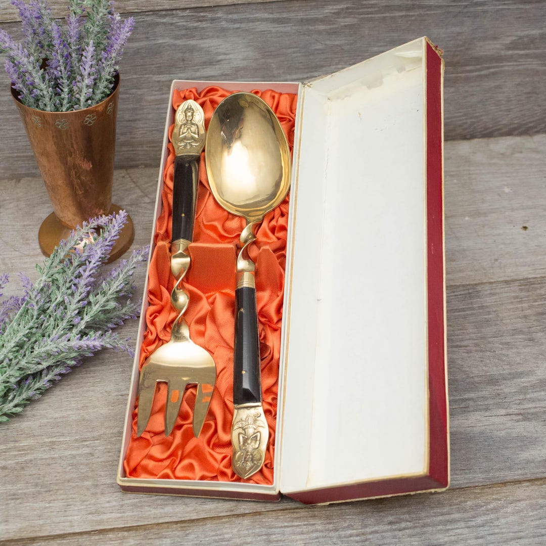 Vintage Cutlery, Serving Set, Spoon & Fork in Bronze and Tropical ...
