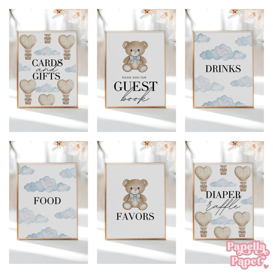 Teddy Bear Baby Shower Signs: Boy Theme, Editable Template (digital ...