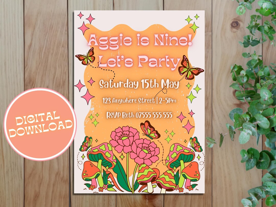 Retro Mushroom and Butterfly Invitation, Any Age Invite, Funky, Flower ...