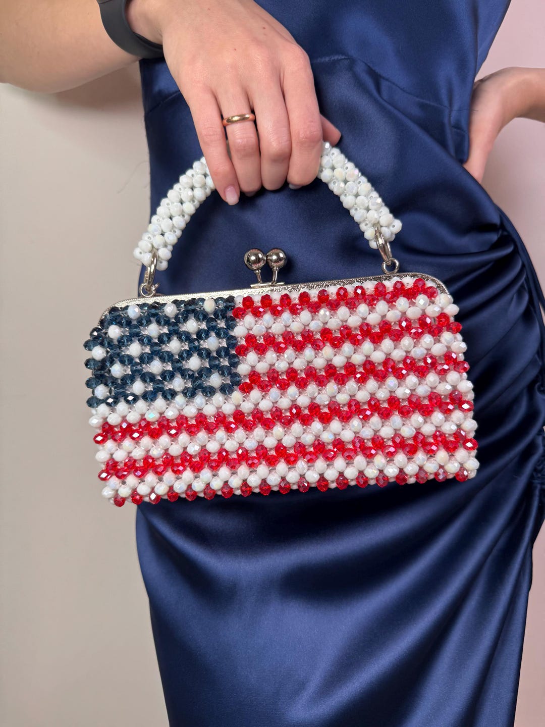 American Flag Beaded Purse, Metal Frame Kiss-lock Bag, Handmade Crystal ...