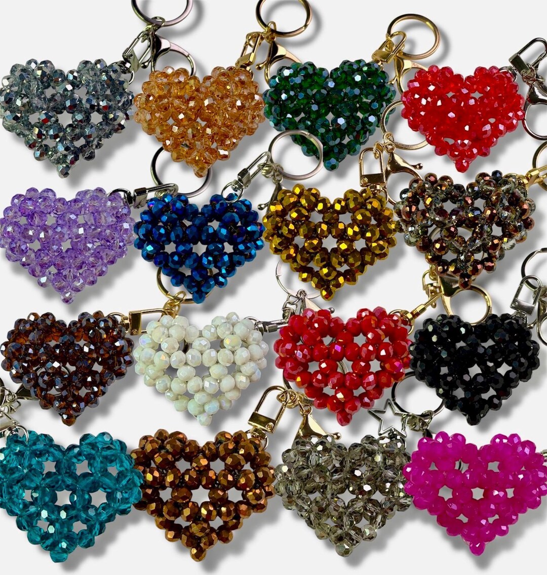 Beaded Heart Keychain, Handmade Glass Bead Heart Charm, Crystal Beaded ...