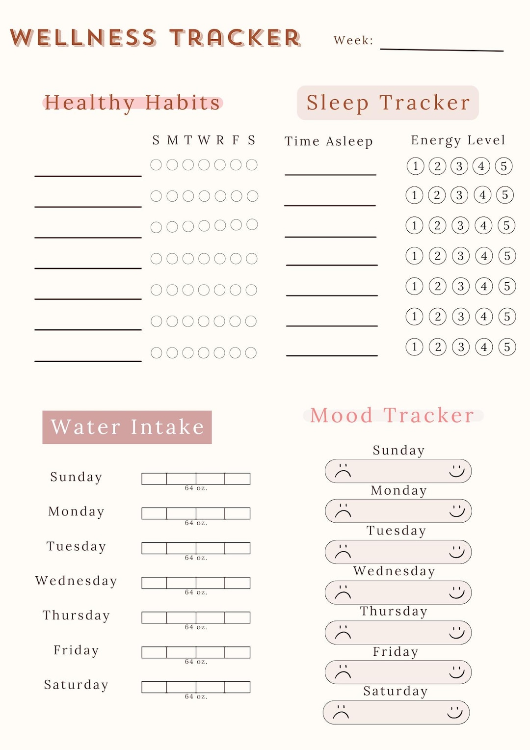 Weekly Digital Wellness Tracker | Habit, Water, Sleep & Mood Tracking ...