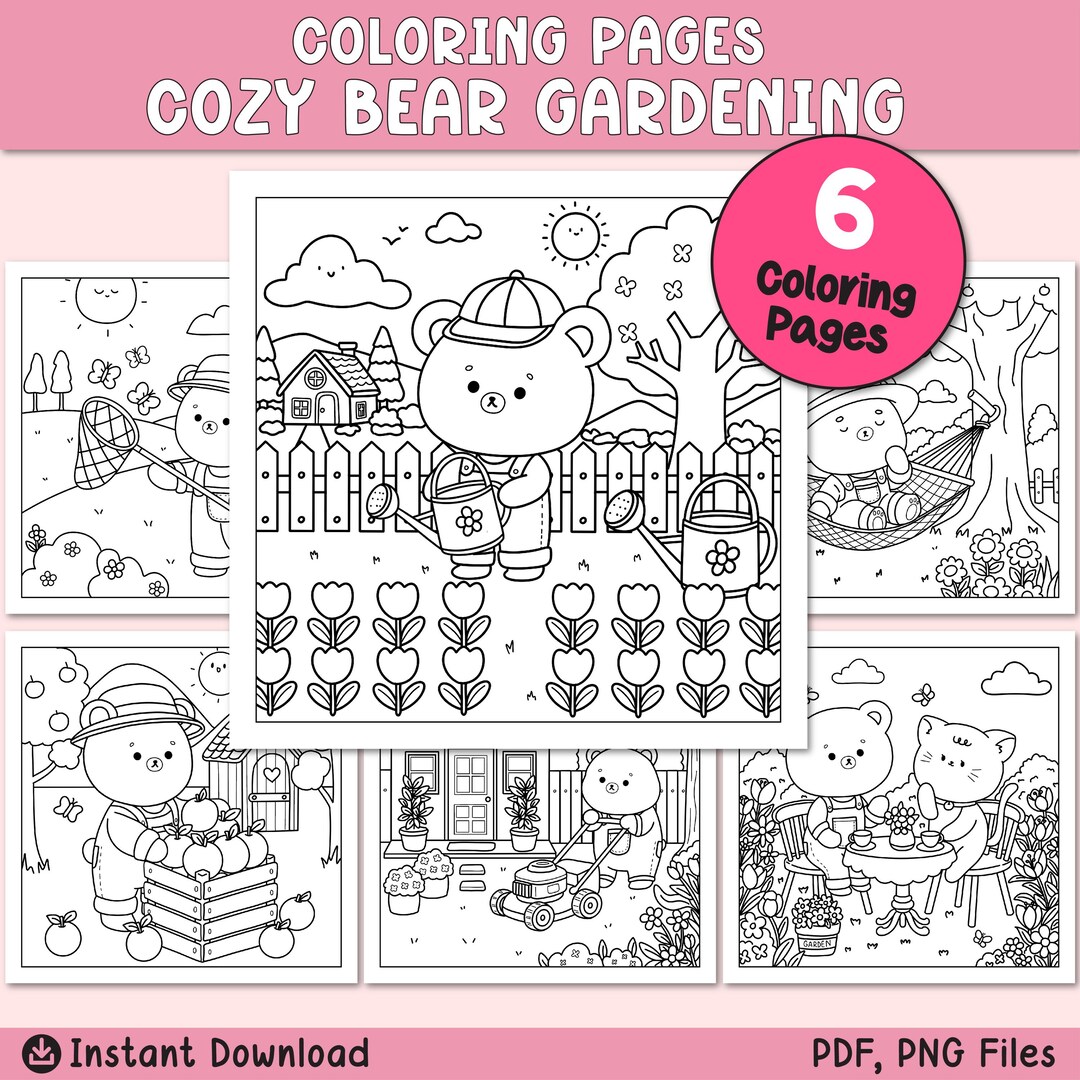 Spring Kawaii Coloring Pages Cozy Bear Gardening Printable for Kids ...