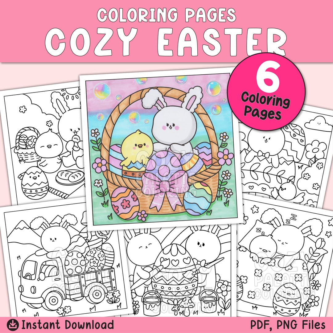 Kawaii Easter Coloring Pages - Cozy Easter Bunny Easter Eggs Printable ...