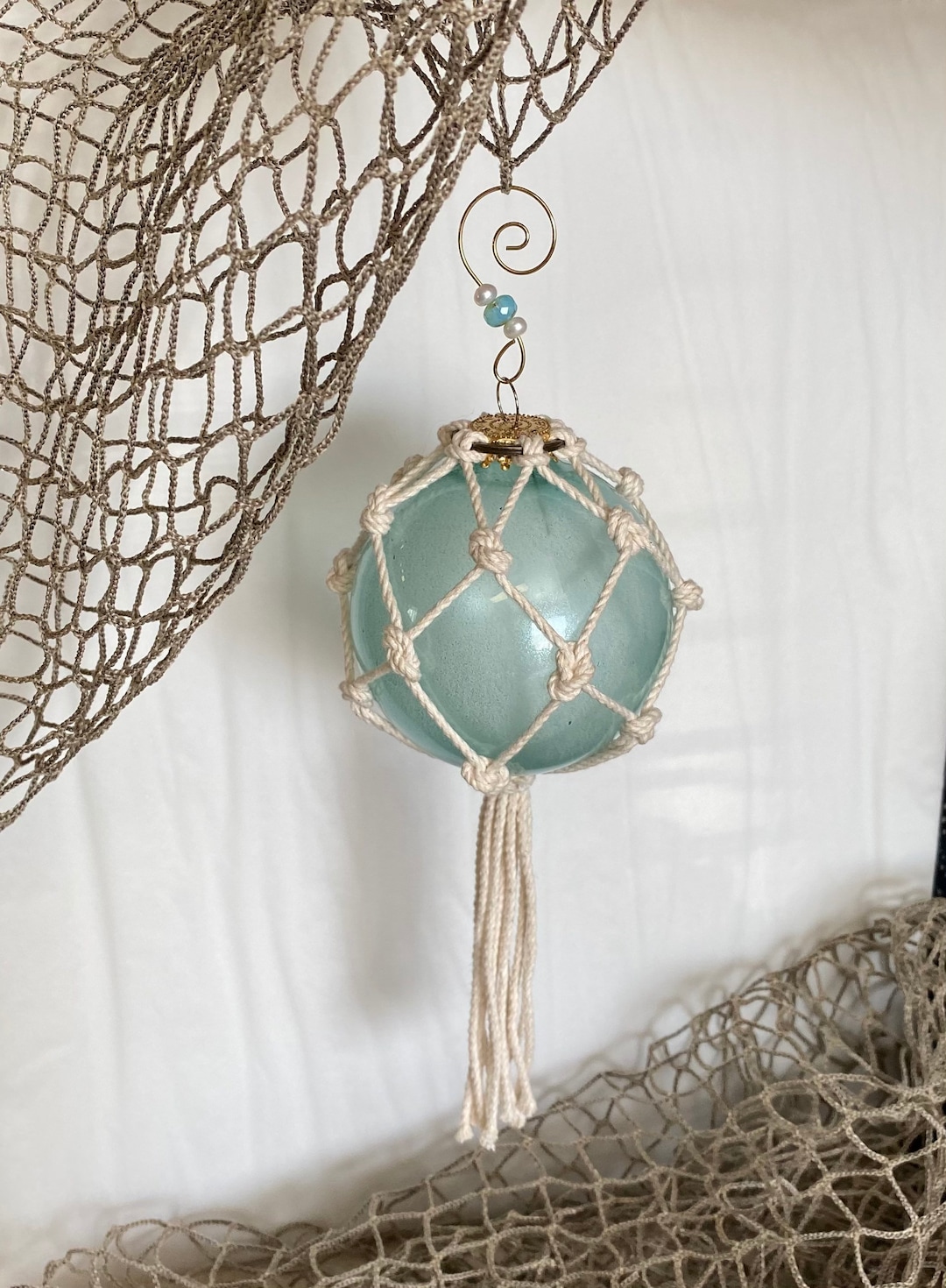 Mermaid Floats Lightweight Glass and Macrame Net Ornament With Beaded ...