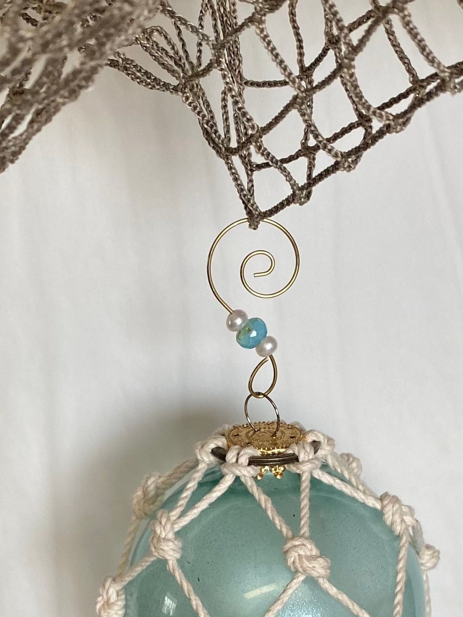 Mermaid Glass Float Costal Christmas Ornament: Macrame Net, Beaded Hook ...