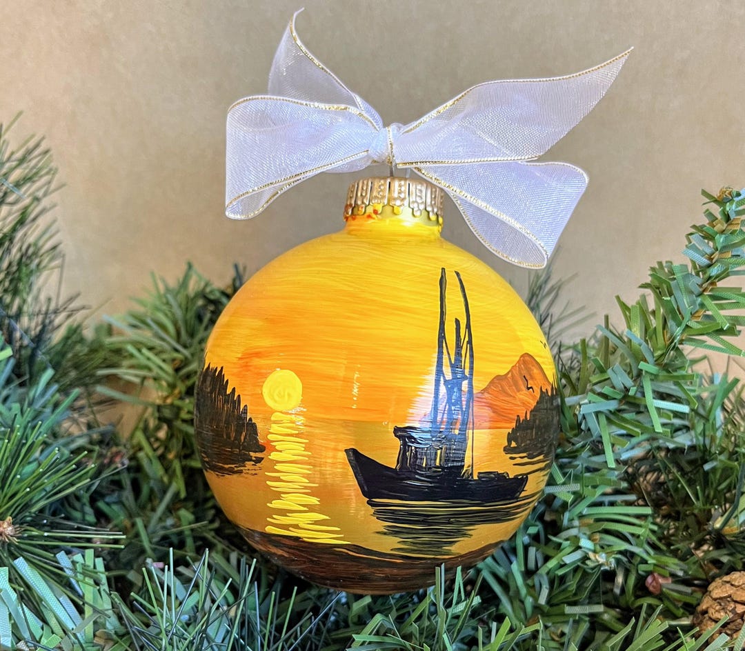 Handpainted Fishing Boat Ornament: Personalized Glass Christmas Bauble ...