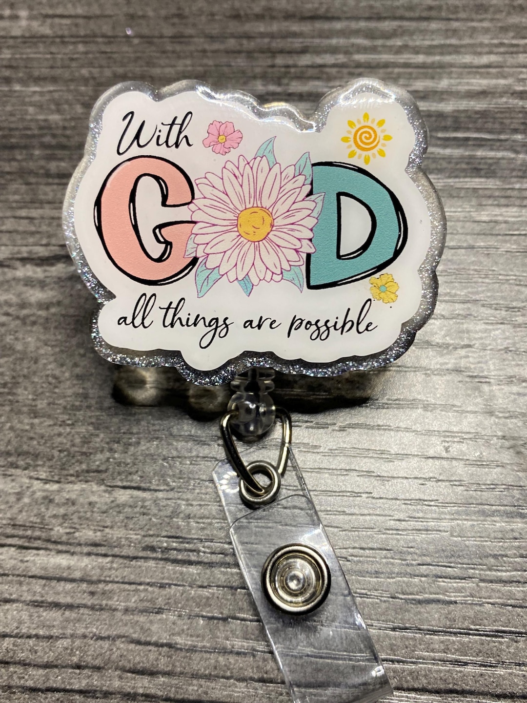 With God All Things Are Possible Badge Reel – Glitter Resin Retractable ...