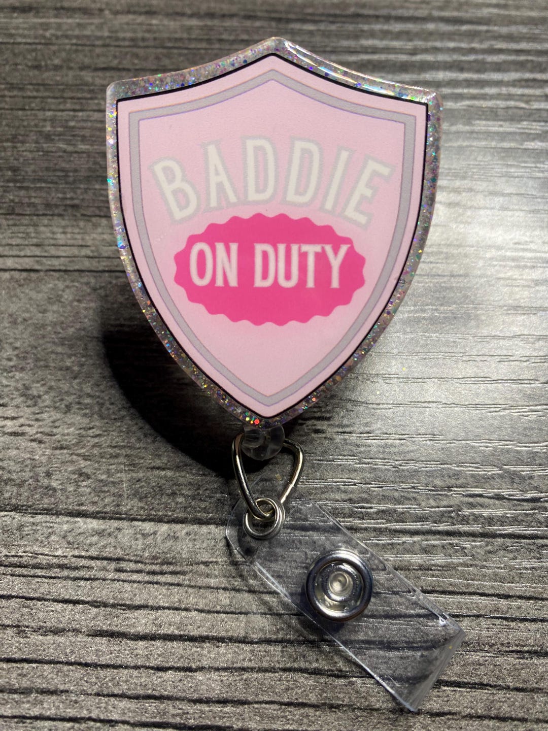 Baddie on Duty Glitter Badge Reel – Cute Pink Aesthetic Work ID Holder ...