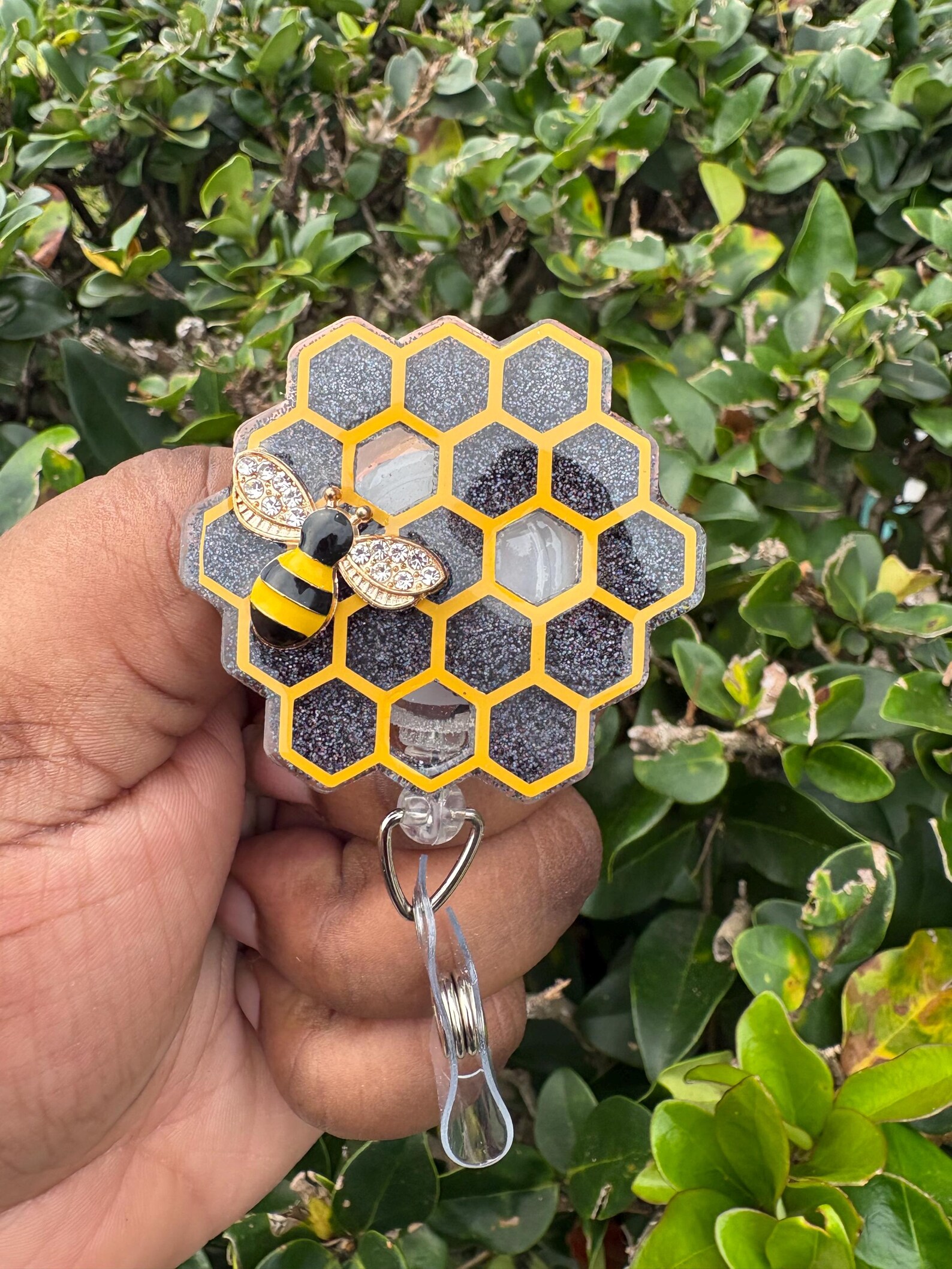 Glitter Honeycomb Bee Retractable Badge Reel | Rhinestone Bee Charm - Etsy