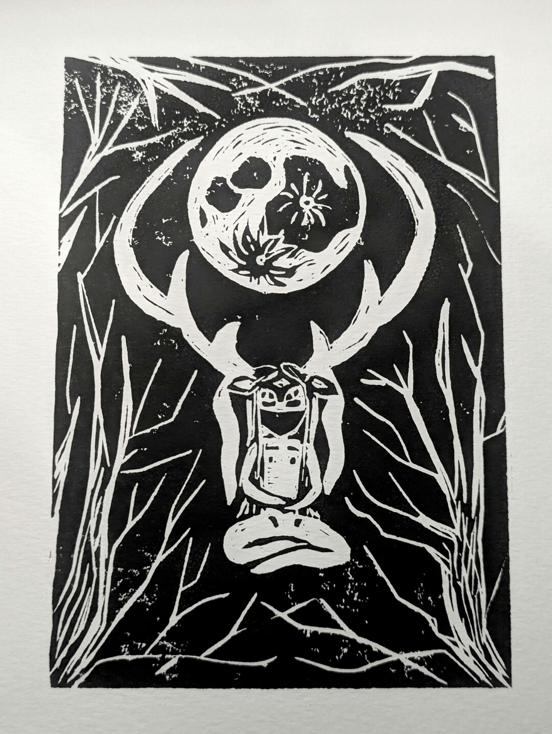 Antler Moon - A5 Lino Print - Etsy