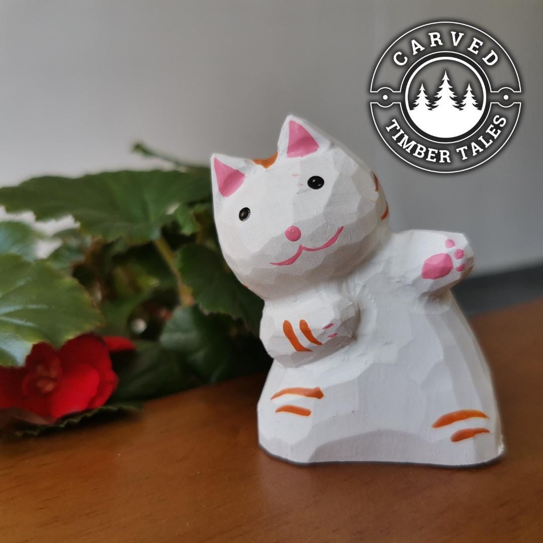 Hand Carved Wooden Cat Figurine | Unique Cat Sculpture Gift | Natural ...