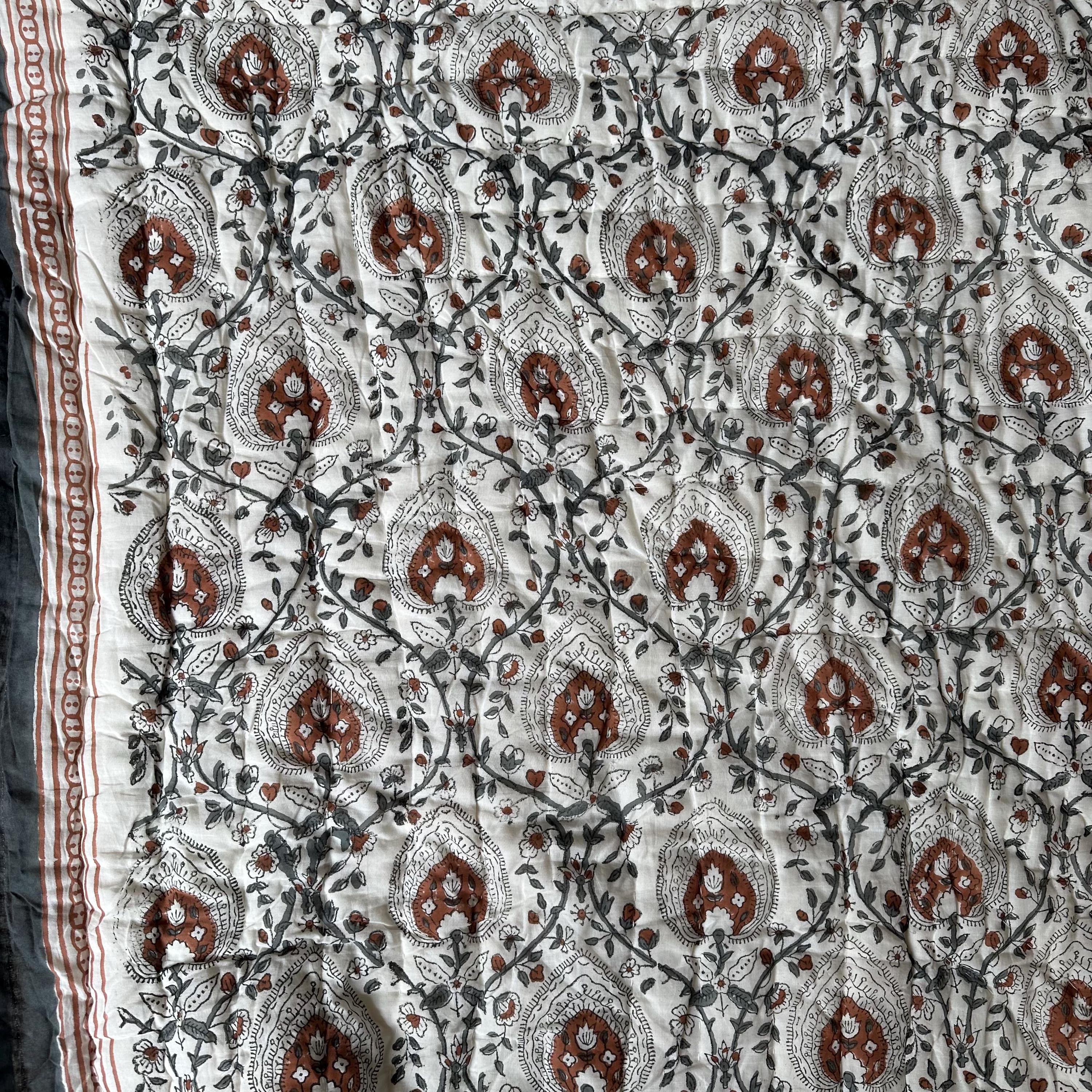 Hand Block Print Reversible Cotton Quilt, Terracotta Gray, Queen - Etsy