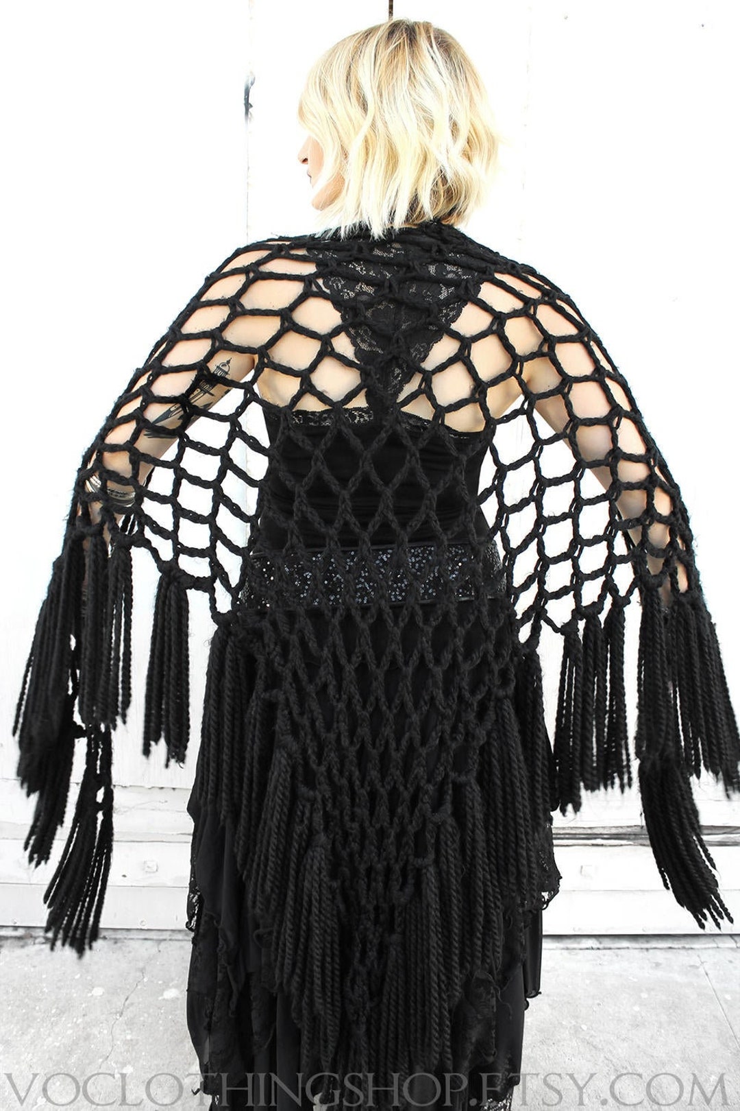WITCHY FRINGE SHAWL Handmade Crochet Wool Blend Oversized Large Shawl ...