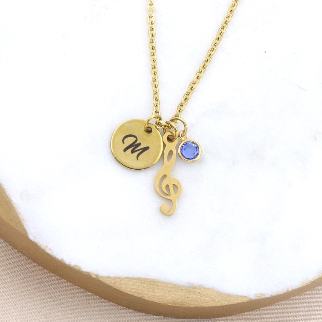 Treble Clef Necklace, Custom Initial & Birthstone, Music Teacher Gift ...