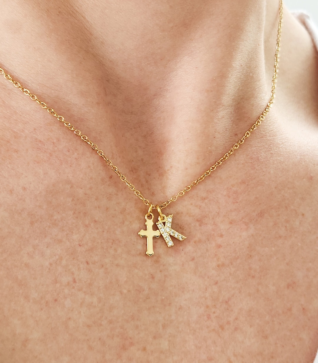 Tiny Gold Cross Initial Necklace - Personalized Religious Jewelry - Etsy