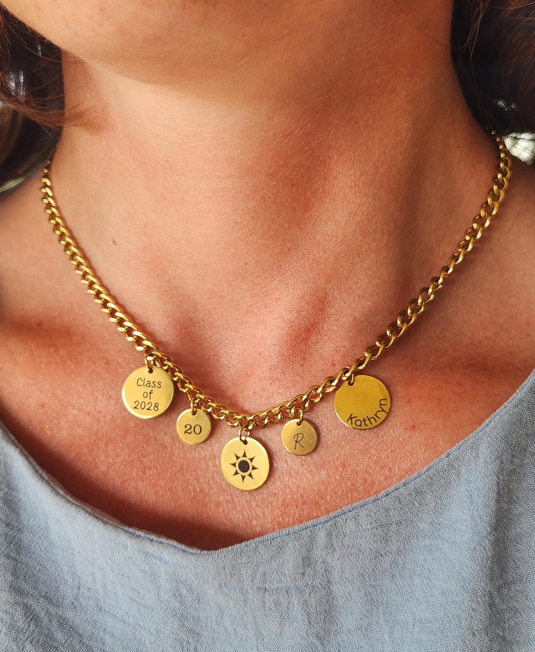 Mini Engraved Disc Gold Charm Necklace: Choose Emoji, Trinket, Custom ...