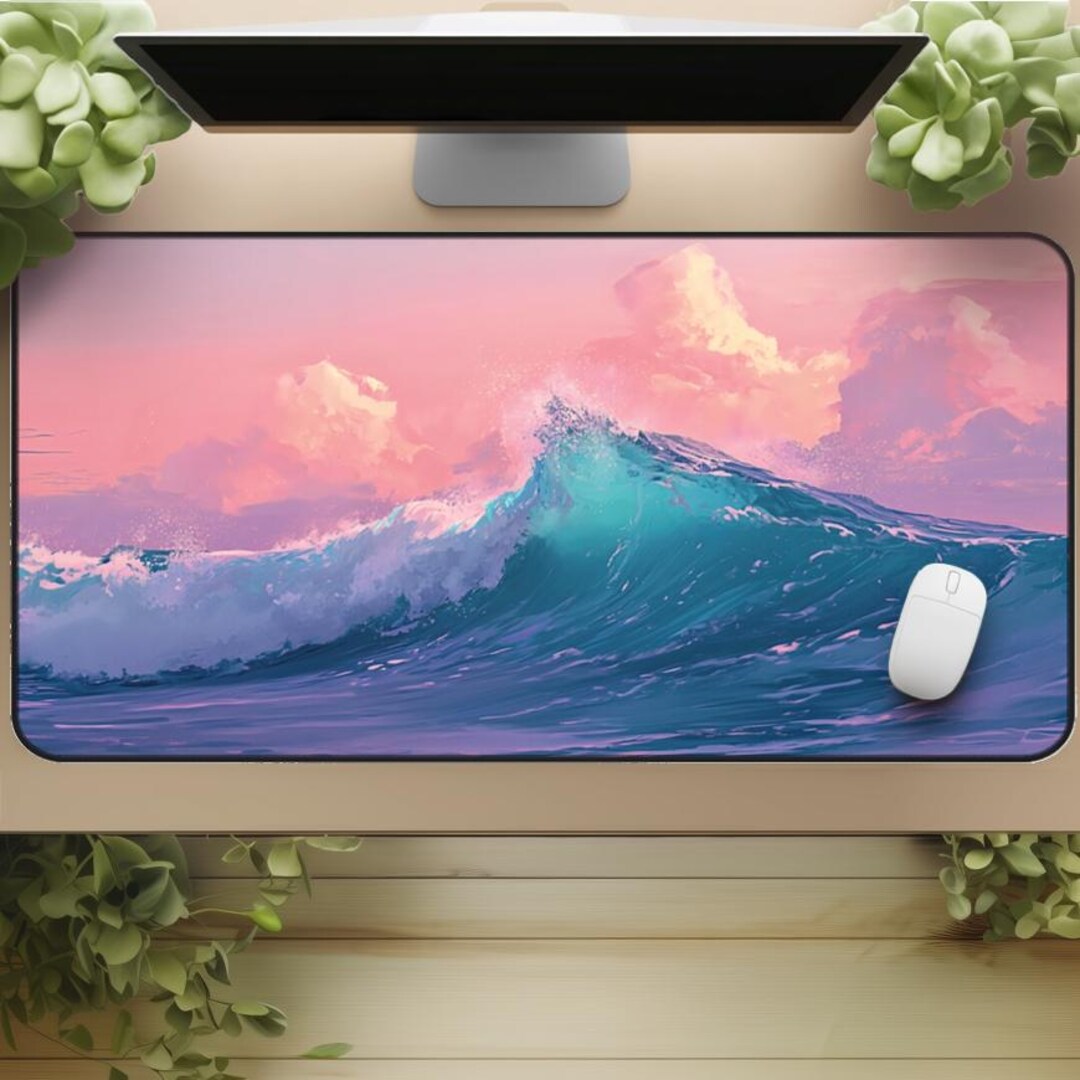 Large Ocean Desk Mat - Pastel Wave With Pink Clouds, Serene Seascape ...