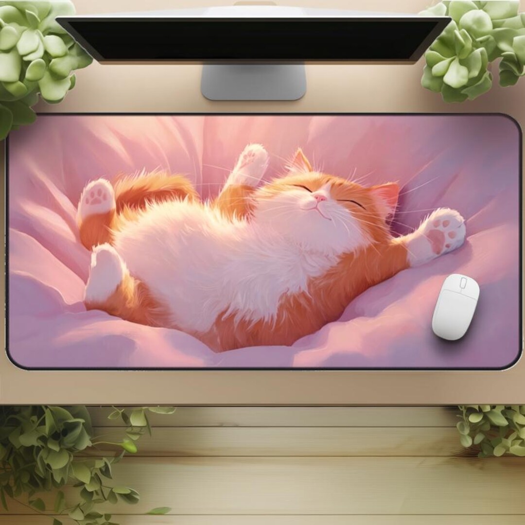 Chubby Cat Desk Mat - Sleeping Cat Mousepad, Pink Deskmat - Etsy