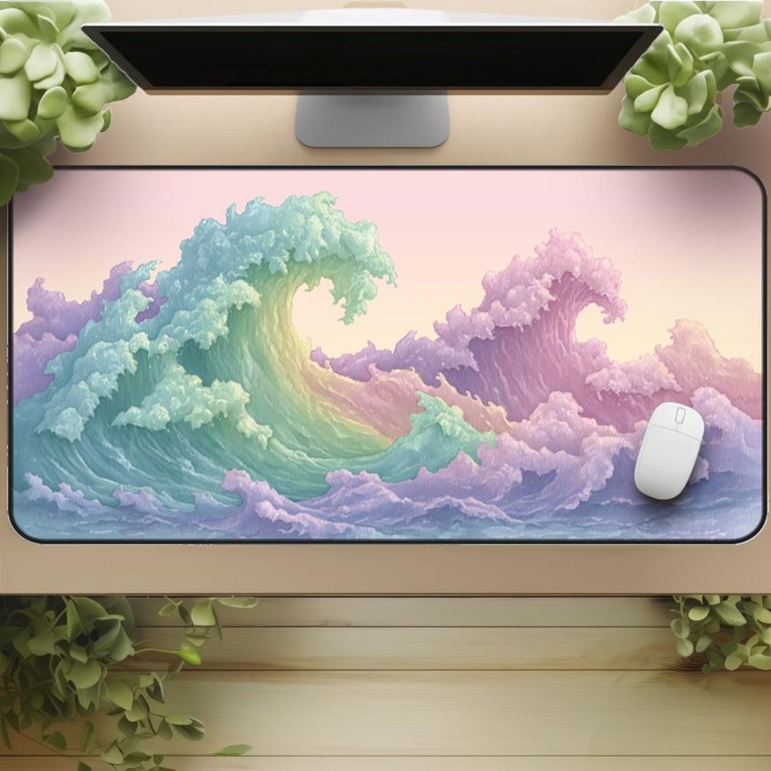 Large Ocean Desk Mat - Watercolor Ocean Waves, Cute Pastel Sea Swell ...