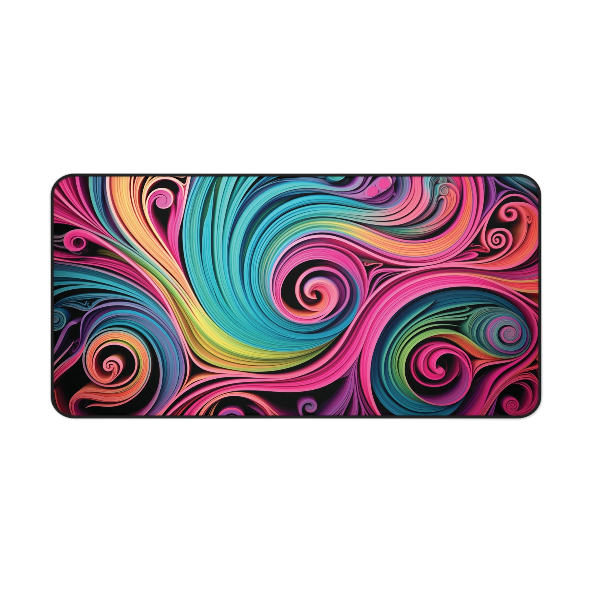 Retro 80s Rainbow Swirls Desk Mat: Vibrant Pink, Blue, and Yellow Mouse ...