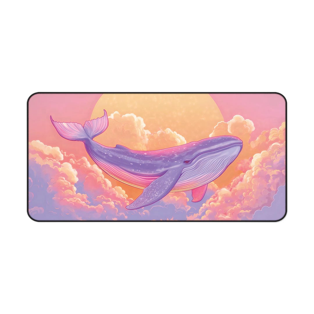 Large Gaming Desk Mat - Pink Whale Floating in Sunset Skies, Pink and ...
