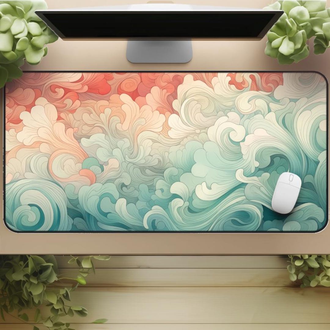 Coral Teal Swirl Gaming Desk Mat: Abstract Pastel Mousepad - Etsy