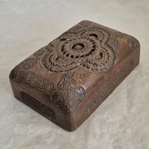 Wooden Rectangular Trinket Box With Intricate Hand Carved Decorative ...