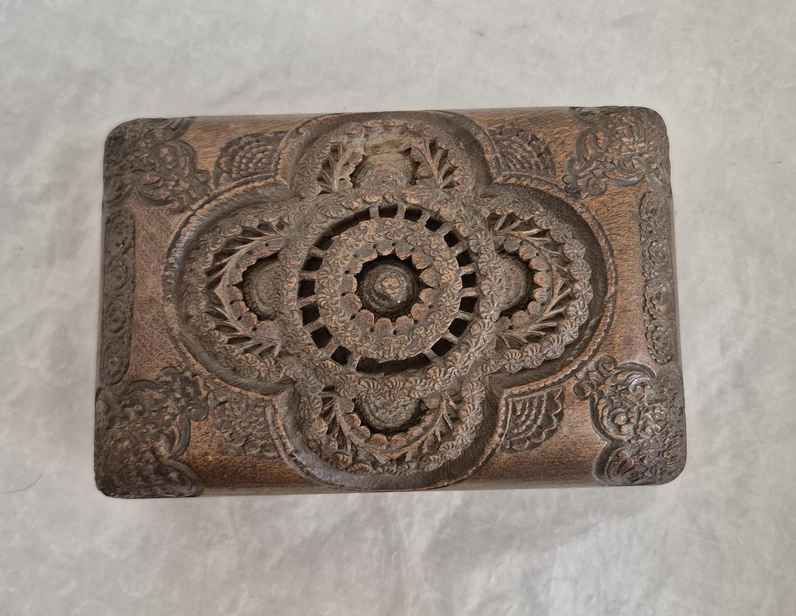 Wooden Rectangular Trinket Box With Intricate Hand Carved Decorative ...