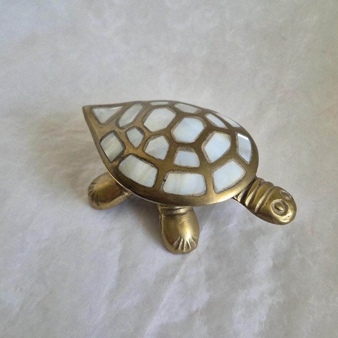 Unusual Vintage Brass and Mother of Pearl Tortoise Shaped Trinket Box ...