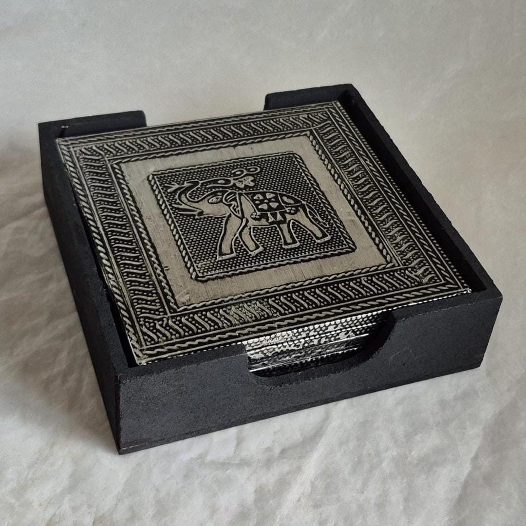 Set of 6 Square Metal Covered Coasters With Elephant Design Contained ...