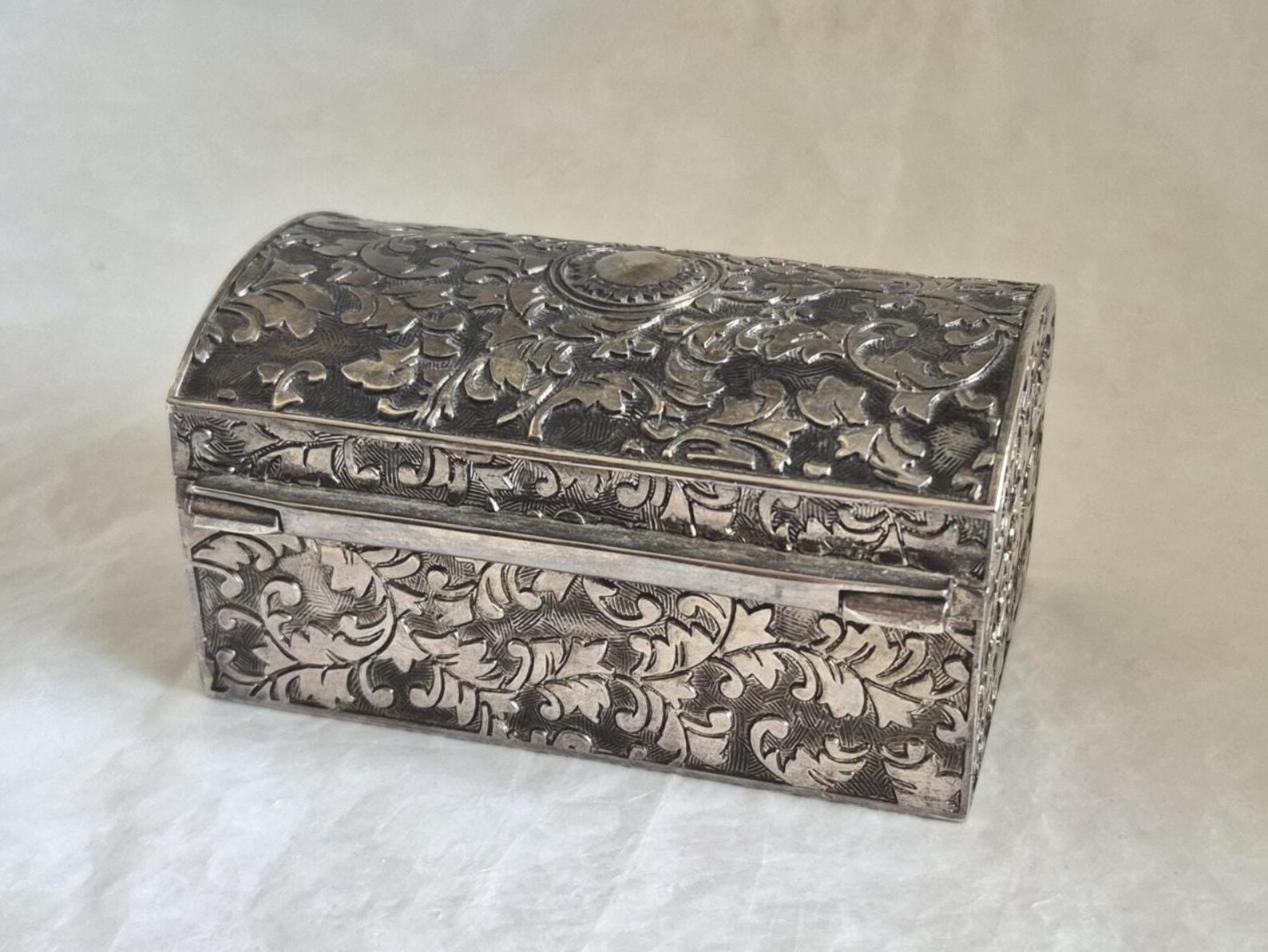 Rectangular Metal Trinket Box With Curved Lid, Embossed With Ornate ...